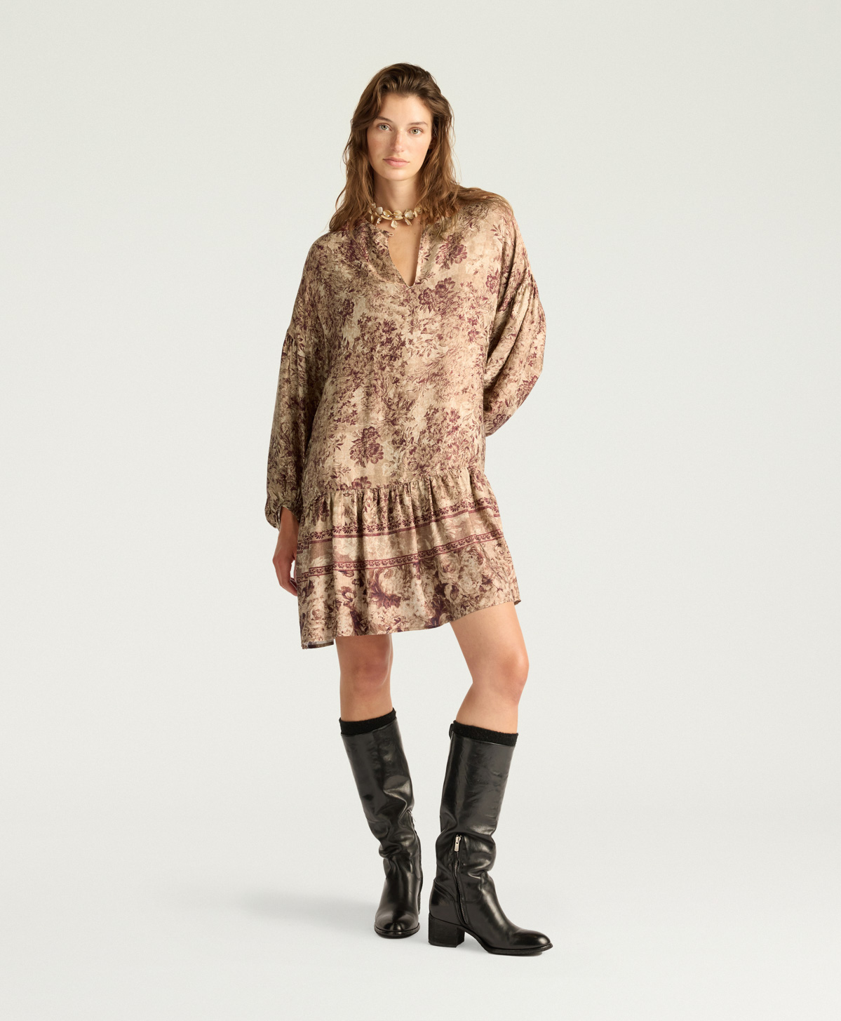 AMBER DRESS IN PRINTED JACQUARD VISCOSE - BURGUNDY MULTICOLOR | Momonì