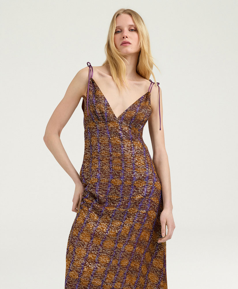 DULCE DRESS IN FIL COUPÉ - CARAMELLO/ORO/VIOLA | Momonì
