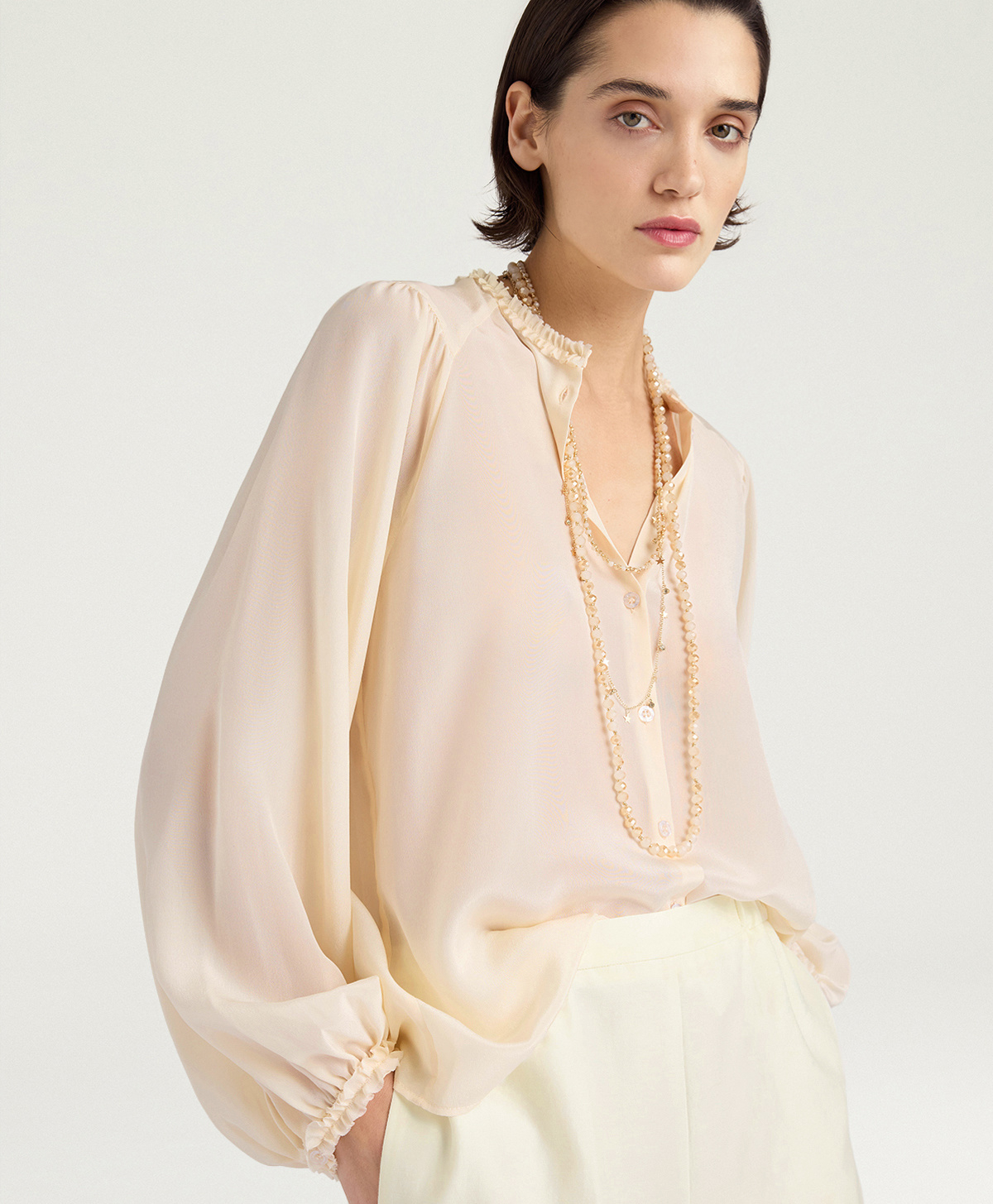 CAMICIA ELEGANTE STILE COUNTRY HUNA IN CRÉPE DE CHINE DI SETAU - PANNA ...